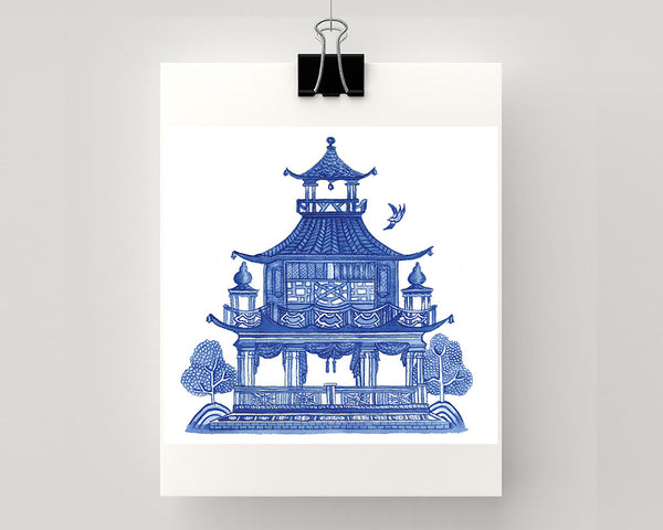Print of blue chinoiserie pagoda - Sprout Gallery